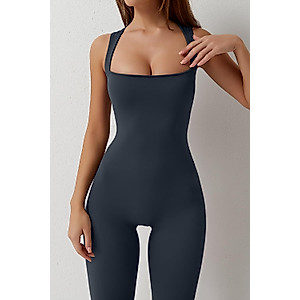 QINSEN Woman's Stretch Square Neck Long Pants Jumpsuit Slimming Fit Curvy Flare One Piece Outfits Romper Grey Navy M