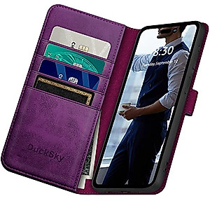DuckSky for iPhone 14 Pro 6.1" Genuine Leather Wallet case 【RFID Blocking】【4 Credit Card Holder】【Real Leather】 Flip Folio Book Phone case Protective Cover Women Men for Apple 14Pro 5G case Purple
