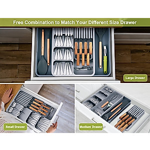 SOMIER Kitchen Utensil Drawer Organizer, Removable 2-Tier Knife Holder, Expandable Cutlery Tray for Silverware, Flatware and Utensils, Large Kitchen Drawer Dividers for Spoons, Forks, Knives, Gray