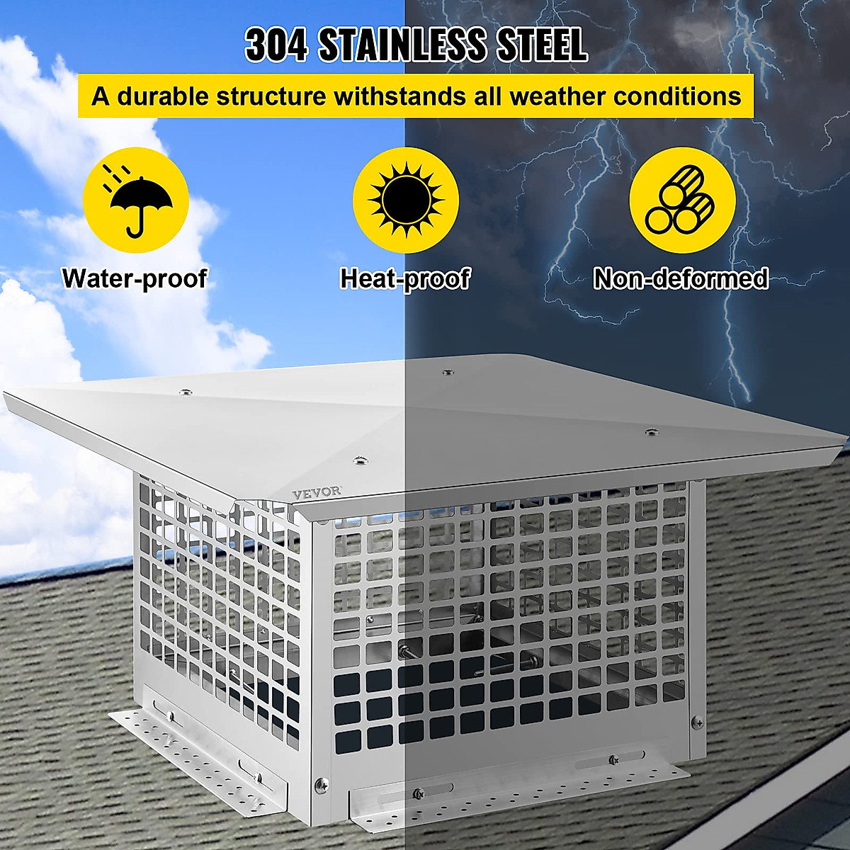 VEVOR Chimney Cap, 13" x 13" Flue Caps, 304 Stainless Steel Fireplace Chimney Cover, Adjustable Metal Spark Arrestor with Bolts Screws, Mesh Chimney Flue Cover for Outside Existing Clay Flue Tile