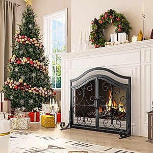 YITAHOME Folding Fireplace Screen with Doors, 50.39x32.28in Large Flat Guard Indoor Fireplace Screens Solid Wrought Iron Frame with Metal Furnace Fireguards Safe Spark Protector for Living Room, Black