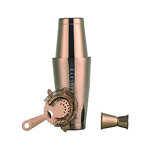 Professional Boston Cocktail Shaker Set | 4-Piece Bar Set | Stainless Steel 304 | 28oz/18oz Weighted Shaker Tins | Hawthorne Strainer | Double Sided Jigger | Recipe Booklet | Bartender Kit (Copper)