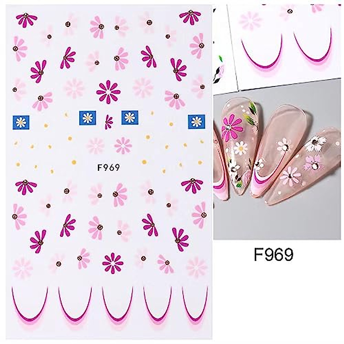 Flower Nail Art Stickers 3D Colorful Floral Decals Self Adhesive Botanical Nail Art Stickers Daisy Design Art DIY Nail Accessories for Women Acrylic Nail Decoration 8 Sheets