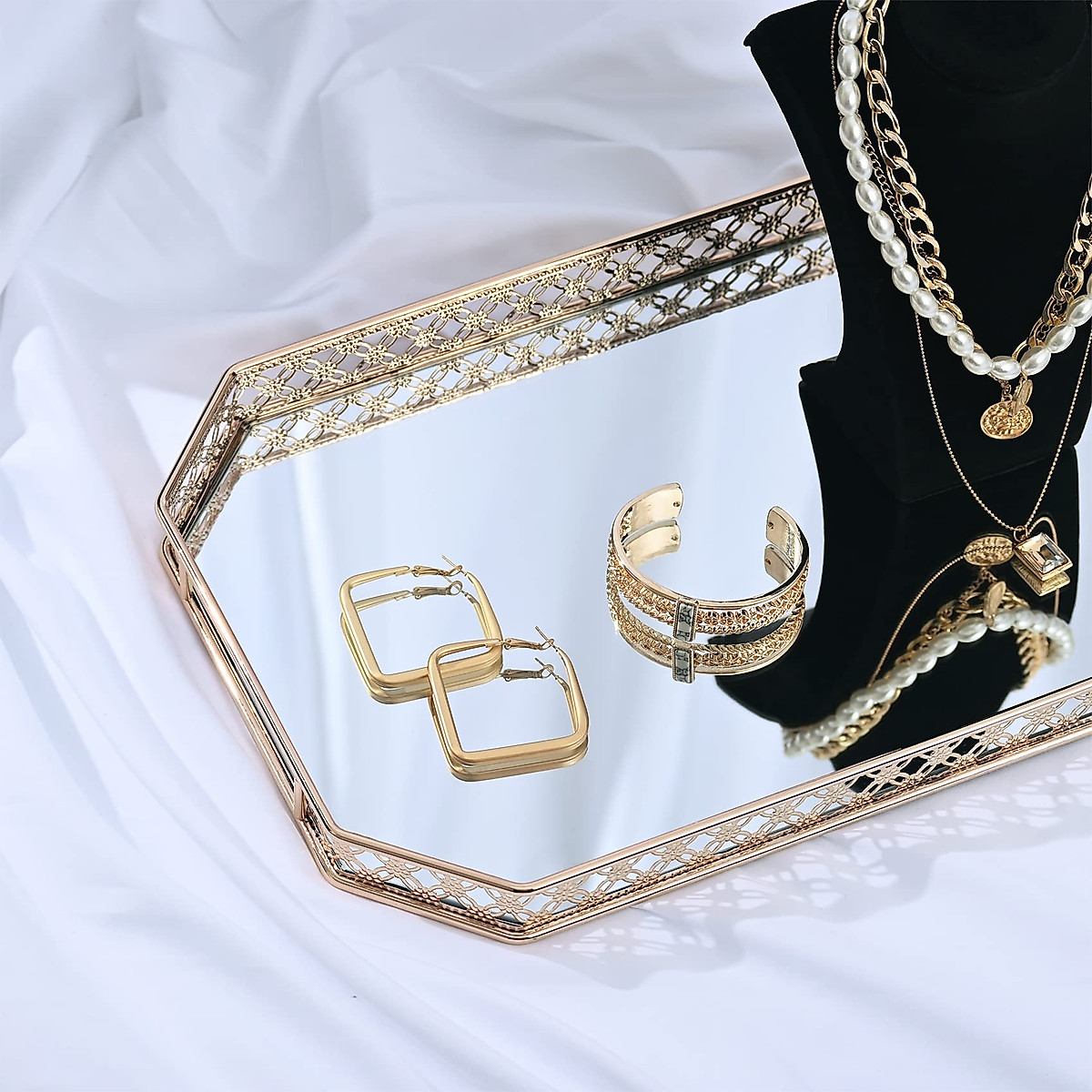 Gold Mirror Tray, Gold Vanity Tray, Perfume Tray for Dresser, Vanity Trays for Bathroom and Home Decor, 14 x 9 x 1.2 inches