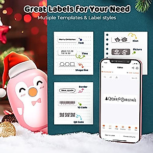 MUNBYN Penguin Label Maker Machine with Tape, Bluetooth Pocket Thermal Label Printer, Handheld Sticker Printer for Christmas Home Kitchen Study Use, Compatible with Android & iOS (Pink)