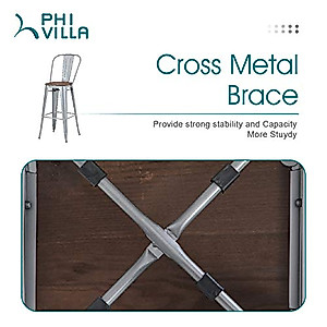 PHI VILLA Metal Patio Bar Stools Set of 4, 30 inches Counter Height Stools with Wooden Seat and High Back, Industrial Style Bar Chairs for Indoor & Outdoor, Pub, Kitchen Island - Matte Grey