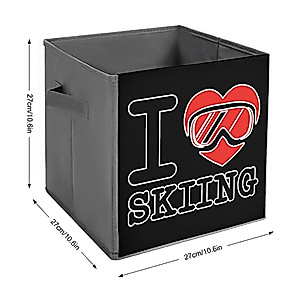 I Love Skiing Foldable Storage Bins Printd Fabric Cube Baskets Boxes with Handles for Clothes Toys, 11x11x11
