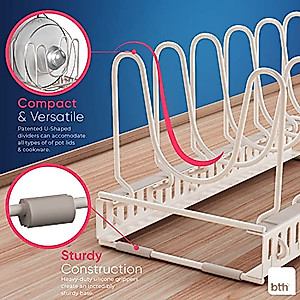 Anti-Scratch Adjustable Compartments by BTH Expandable Pot and Pan Organizer Rack for Cabinet – Heavy Duty Pot Lid Organizer for Kitchen Cabinet Under Sink Drawer Pantry (SMALL 5.5"W (WHITE SAND))