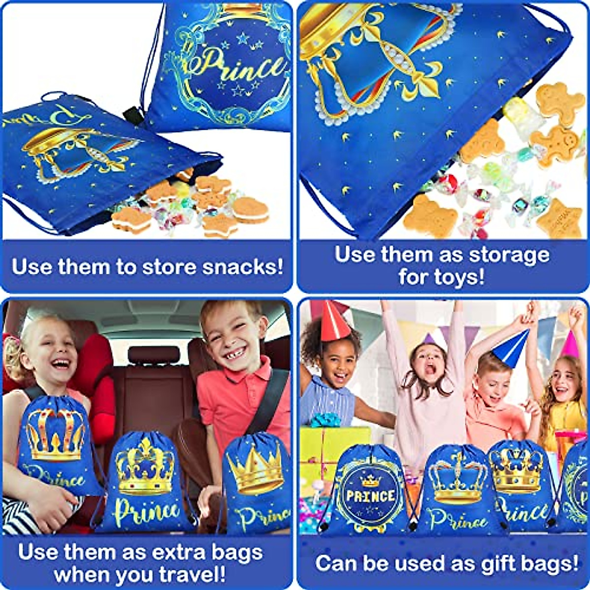 Sweetude 24 Pcs Prince Party Gifts Bags Prince Crown Blue Drawstring Bags Decoration Favor Storage for Boys Kids Birthday Wedding Party Decoration