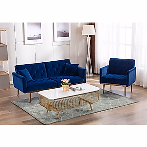 SLEERWAY Velvet Futon Sofa Bed with 5 Golden Metal Legs, Sleeper Sofa Couch with Two Pillows, Convertible Loveseat for Living Room and Bedroom, Blue