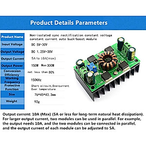 Auto Boost Buck Converter, 5A(Max 10A) DC 5V-30V to 1.25-30V Voltage Regulator Constant Voltage Constant Current CV CC Auto Step-Up/Down Boost Converter Solar Charging Power Supply Module 150W