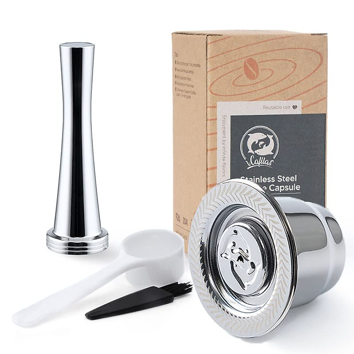 MG Coffee Stainless Steel Reusable Nespresso Capsules Permanent Coffee Pod Holder Compatible for Nespresso Machines (Silver capsules tamper)