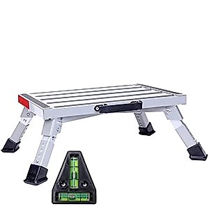 Homeon Wheels Safety RV Steps, Adjustable Height Folding Platform Step with Non-Slip Rubber Feet, Handle, Reflective Strips and T Level, 16.5" x 12.2" RV Step Stool, Supports Up to 1000lbs
