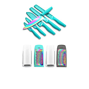 KYA37 Rainbow Titanium 12-Piece Stainless Steel Kitchen Knives Set with Sheath + Marco Almond MA63 Graters for Kitchen