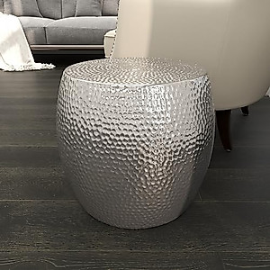 Deco 79 Aluminum Metal Side End Accent Table Drum Shaped End Table with Hammered Design, Side Table 14" x 14" x 16", Silver