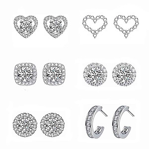 6 Pairs Simulated Diamond Stud Earrings for Women Hypoallergenic Sterling Silver CZ Stud Earring Set Cubic Zirconia Stud Earrings 14K White Gold Plated