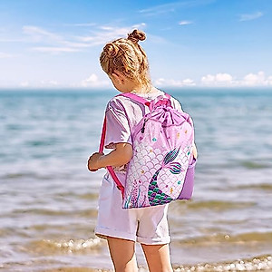 WAWSAM Mermaid Gym Drawstring Backpack String Bag - 15” × 17” Sports Gym Bag for Girls Kids Waterproof Swimming Beach Shopping Yoga Sackpack Birthday Gift with Zippered Pocket and Water Bottle Pocket