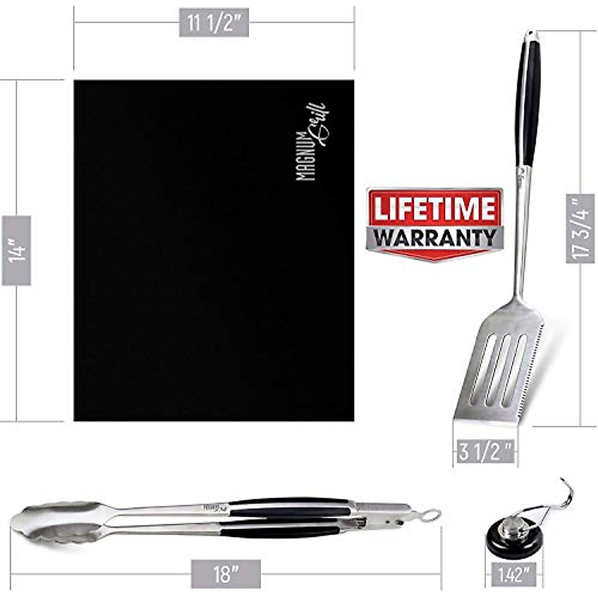 Grilling Accessories by Magnum Grill - 5 Piece BBQ Tools Set with 18" Grill Spatula, Tongs for Cooking, BBQ Grill Mat and 2X Strong Magnetic Hooks for Hanging on Barbeque - Heavy Duty Metal Grill Set