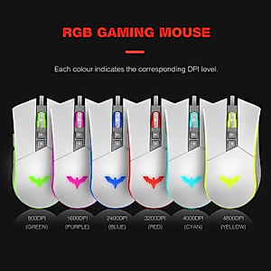 Havit Mechanical Keyboard and Mouse Combo RGB Gaming 104 Keys Blue Switches Wired USB Keyboards with Detachable Wrist Rest, Programmable Gaming Mouse for PC Gamer Computer Desktop (White)