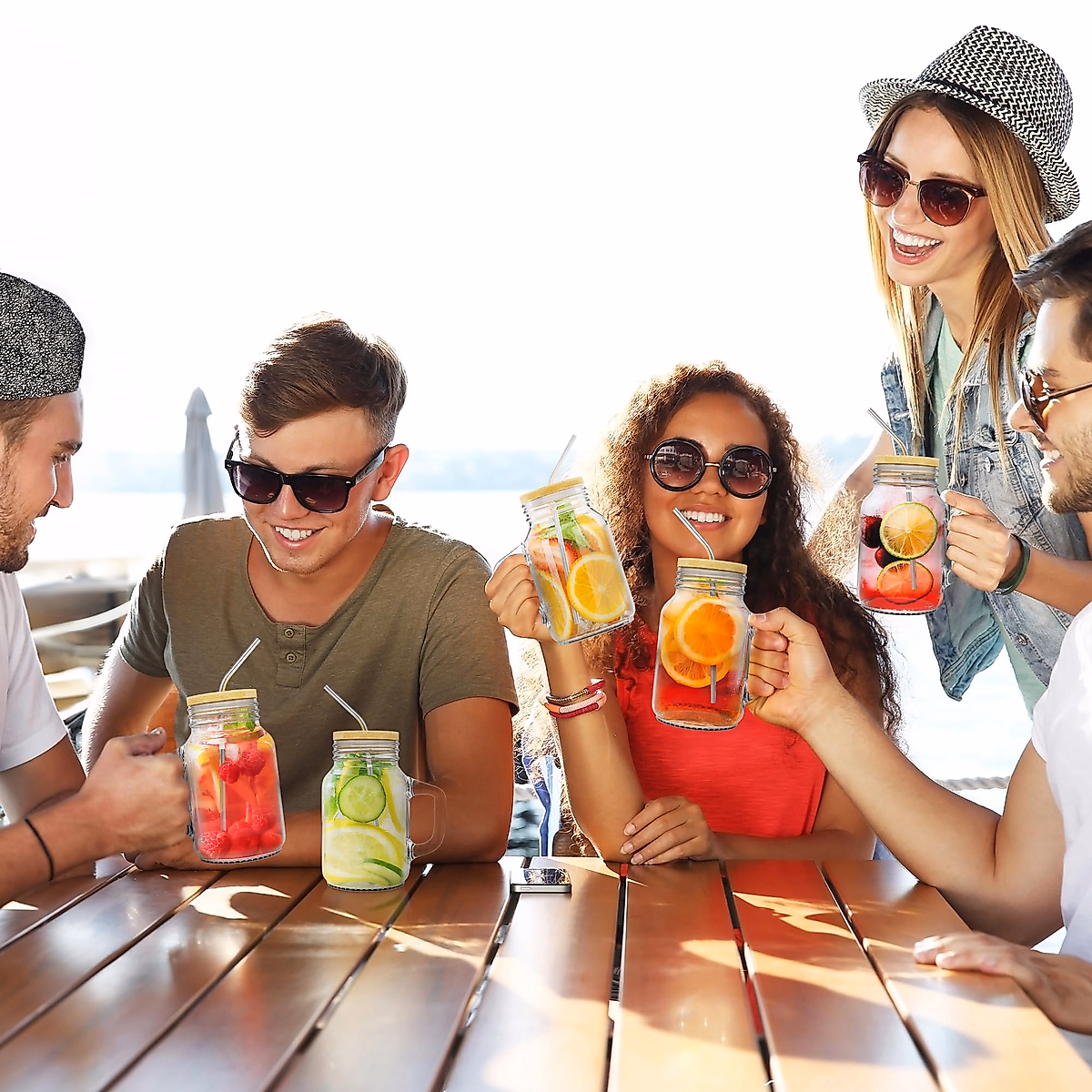 Sips Jar Club 20oz Mason Jar Mug Set of 4 with Handles, Lids, Straws & Cleaning Brush - Overnight Oats & Iced Coffee Cups