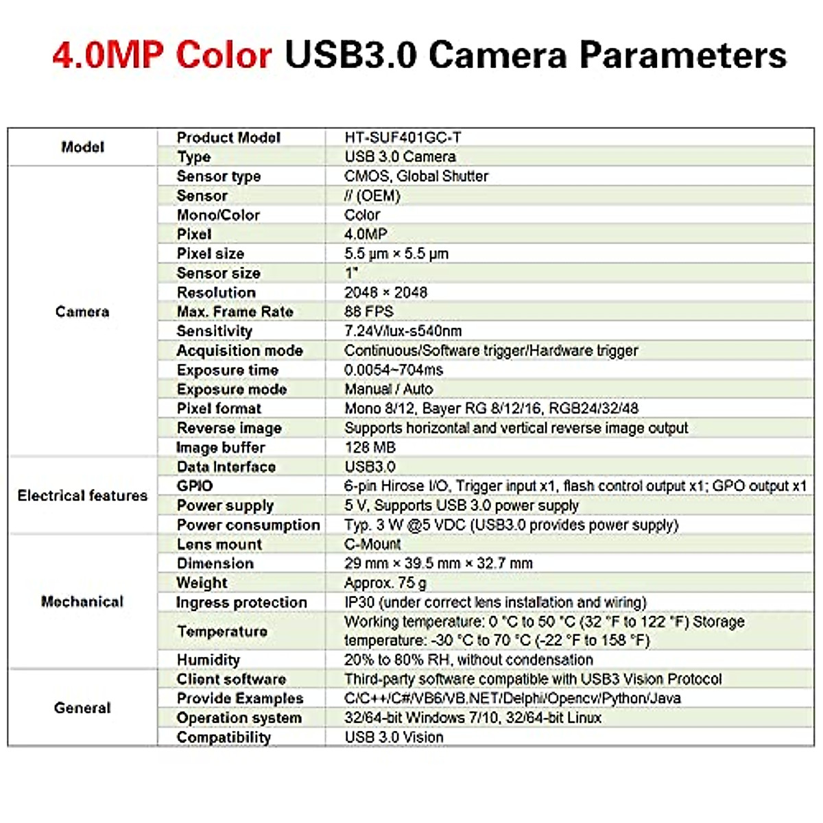 HTENG VISHI High Speed USB3.0 Color 4.0MP 1" Industrial Camera Machine Vision Global Shutter C-Mouth OpenCV Python SDK Area Scan Camera 2048X2048 88FPS Indoor