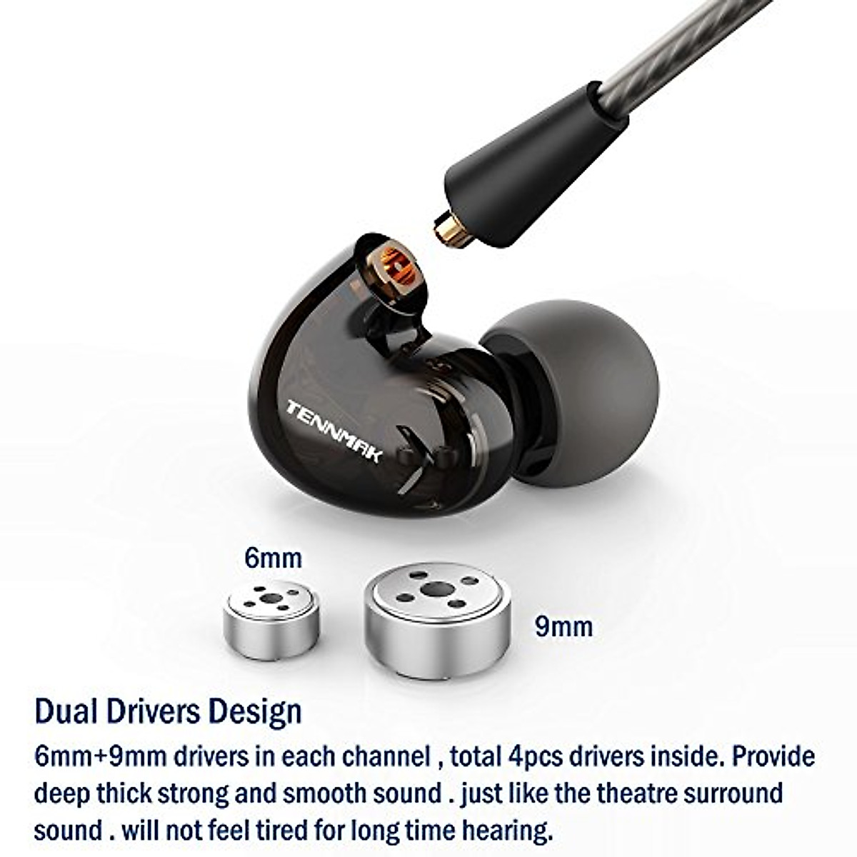 TENNMAK PRO Professional 4pcs Drivers Wired Earbuds, Wired Earphones with Detachable Cable & Ear Hook for Sport Running & Casual (Black NO MIC)