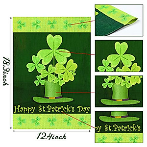 WATINC 2Pcs Happy St. Patrick's Day Garden Flag Burlap Double Sided Clover House Flags Shamrock Indoor Home Flag with Green Hat Pattern Outdoor Three Leaves Decor Flag for Celebration 18.3 x 12.4 In