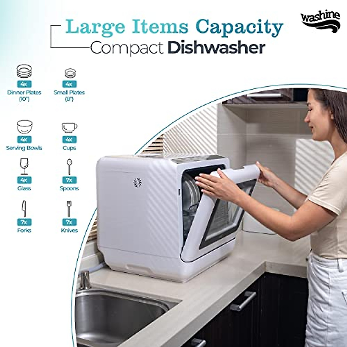 Washine Countertop Dishwasher Machine - Efficient Personal Dishwasher - RV Dishwasher with 5 Speedy Wash Cycles & Air Drying - Apartment Dishwasher with Dual Tank/Faucet Mode
