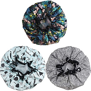Shower Caps, 3 PACK Bath Cap for Women Waterproof & Adjustable Double Layered Shower Cap (Multi-colored8)