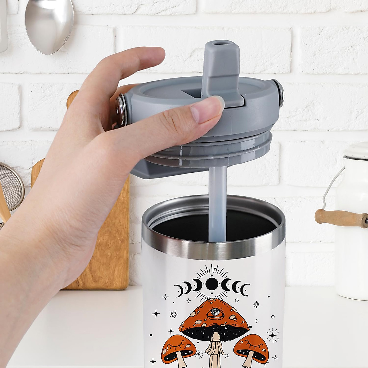 Unyopsa Mushroom Tumbler with Handle 30oz Vacuum Insulated Mushroom Cup with Lid and Straw Mushroom Gifts for Women Men