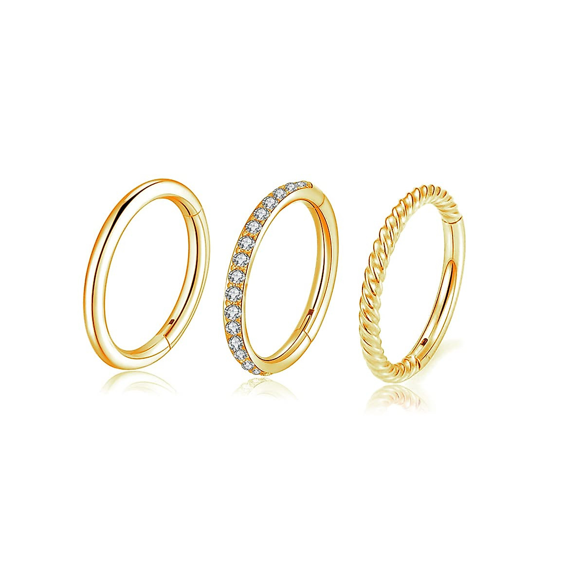 16G 8mm 10mm Hinged Clicker Segment CZ Twisted Clicker Nose Rings Hoop Helix Cartilage Daith Tragus Sleeper Earrings Body Piercing for Women Men (16G - 8mm - 3Pcs Gold)