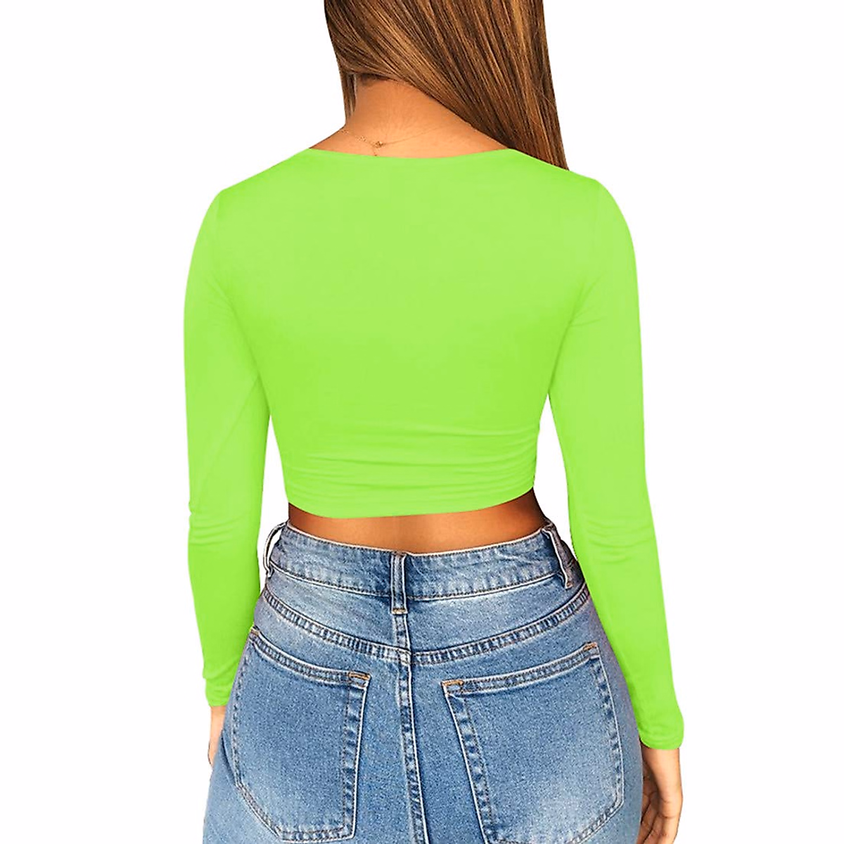 Mizoci Women's Sexy Ruched Tie Up Crop Top Basic Long Sleeve Cut Out T Shirt,Small,Light Green