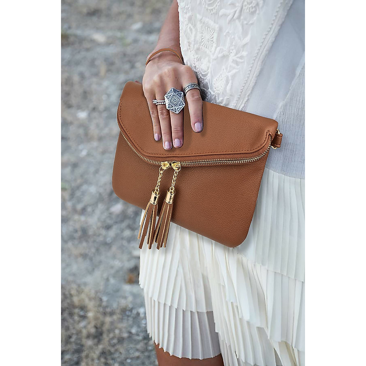 UTO Envelope Wristlet Clutch Crossbody Bag for Women Double Tassel Cellphone Trendy Purse with Strap and Zip Pocket Light Pink