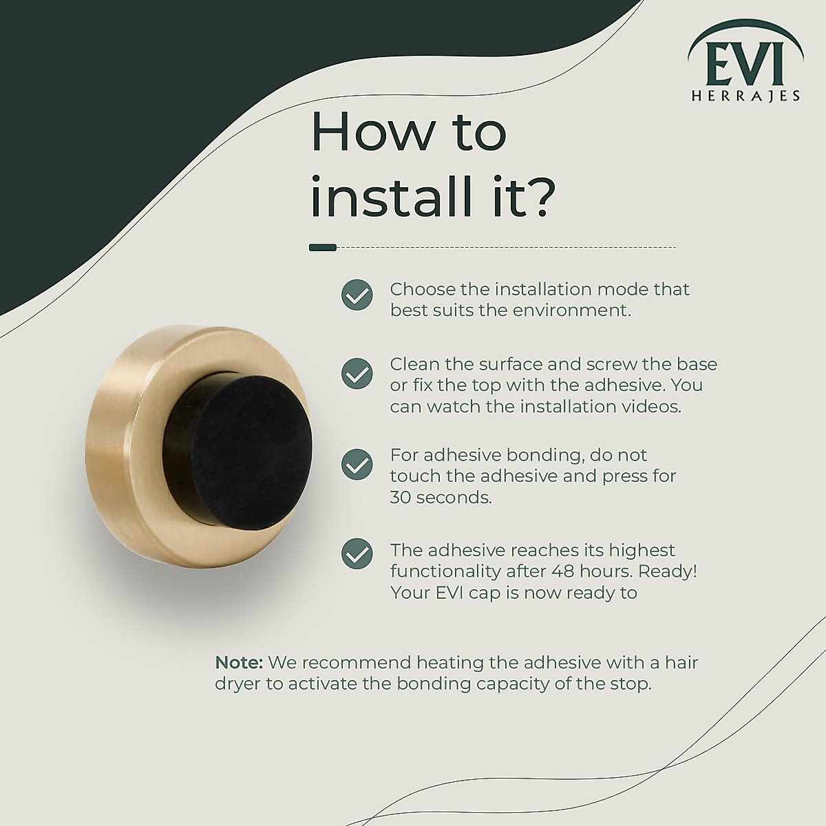 EVI | Wall Mounted Doorstop | Natural Silicone | Adhesive or Screw Installation | Brass Matte | Mod. I-254 (Brass Matte - Black Rubber)