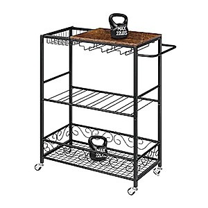 melos Bar Cart, Mobile Bar Serving Cart, Rolling Wine Cart with Glass Stemware Rack and Wine Bottle Holders, ndustrial Vintage Style Kitchen Serving Cart for, Kitchen(Brown)