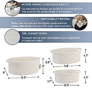 NaturalCozy 3-Piece Oval Storage Basket Set– Natural Woven Gift Basket Empty, Soft Baby Basket for Nursery, Cat Dog Toy Baskets, Small Rope Basket (Off White)