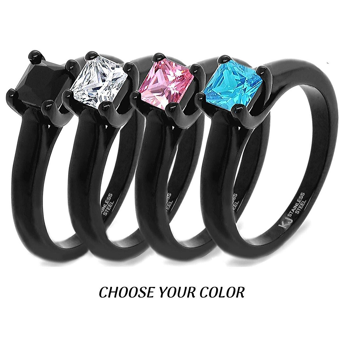 Solitaire Princess Ring - Black Rings for Women - Black Spinel Ring - White Cubic Zirconia Ring - Pink Ring CZ Stone - Blue CZ Rings - Black Engagement Ring (Pink, 9)