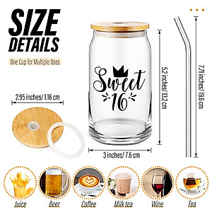 Lallisa 6 Pack Sweet 16 Gifts for Girls Drinking Glasses with Lids and Straw 16th Birthday Decorations Clear Sweet 16 Coffee Glass Cups for Daughter Granddaughter Niece Student Party Supplies Favors