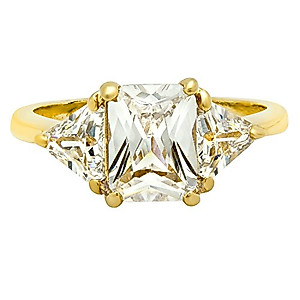 The Bling Factory Gold Plated Emerald-Cut Crystal-Clear Clear CZ Three-Stone Ring, Size 4