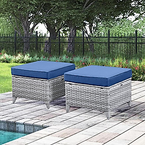 Belord Outdoor Furniture Ottoman Set of 2 Patio Seating Footstool All-weather Rattan Wicker Ottoman Seat with Soft Cushions for Patio Furniture Set