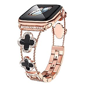 Rose Gold Cute Luxury Metal Diamond Slim Glitter Band 38mm 40mm 42mm 44mm iwatch se Series 6/5/4/3,Apple Watch Series 7 45mm Band for Women Bling,Apple Watch se Series 3 38mm Band Womens (MU-8001-RG-BK, 38mm/40mm/41mm)