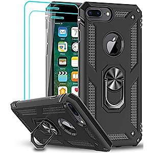 LeYi Compatible for iPhone 8 Plus Case, iPhone 7 Plus Case, iPhone 6 Plus Case with Tempered Glass Screen Protector [2 Pack], Military-Grade Phone Case with Kickstand Ring for iPhone 6s Plus, Black