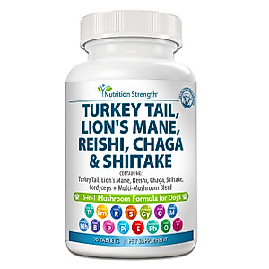 Nutrition Strength 15-in-1 Mushrooms for Dogs Turkey Tail 600mg Lion's Mane 600mg Reishi 600mg Shiitake 500mg Cordyceps 300mg Chaga 300mg Maitake 200mg Meshima Blazei Poria Enoki Portobello 90 Tablets