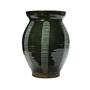 Creative Co-Op Hand Painted Striped Stoneware Pitcher, Green and White Serveware, 9"L x 7"W x 10"H, Green & White