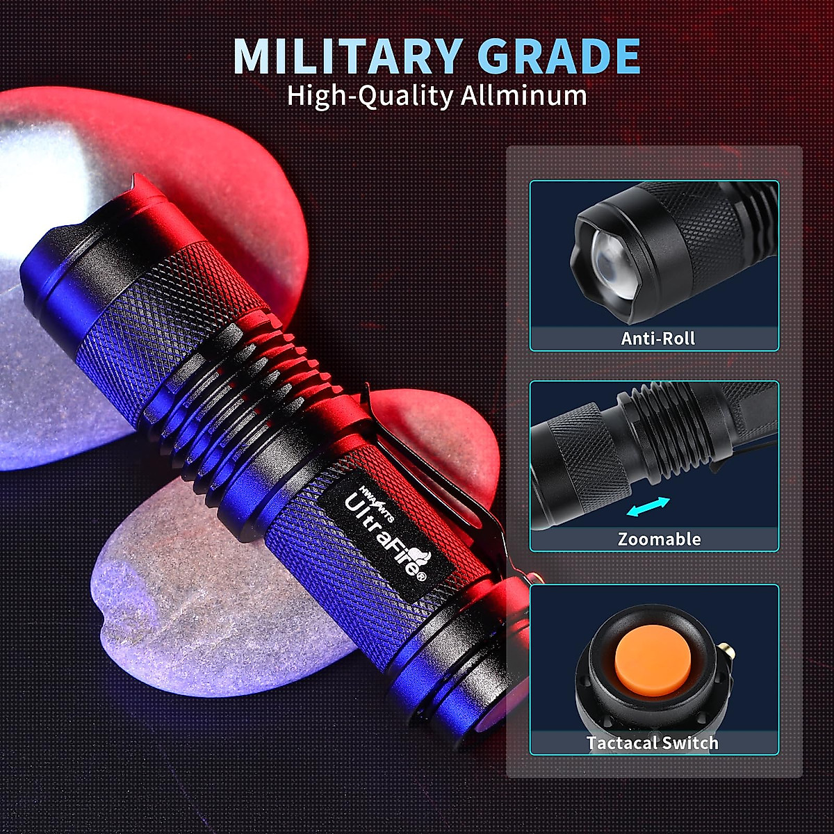 ULTRAFIRE 5 Pack SK68 Tactical and Small Flashlights,7w 3-Mode Pocket Torch Adjustable Focus Zoom Light Lamp