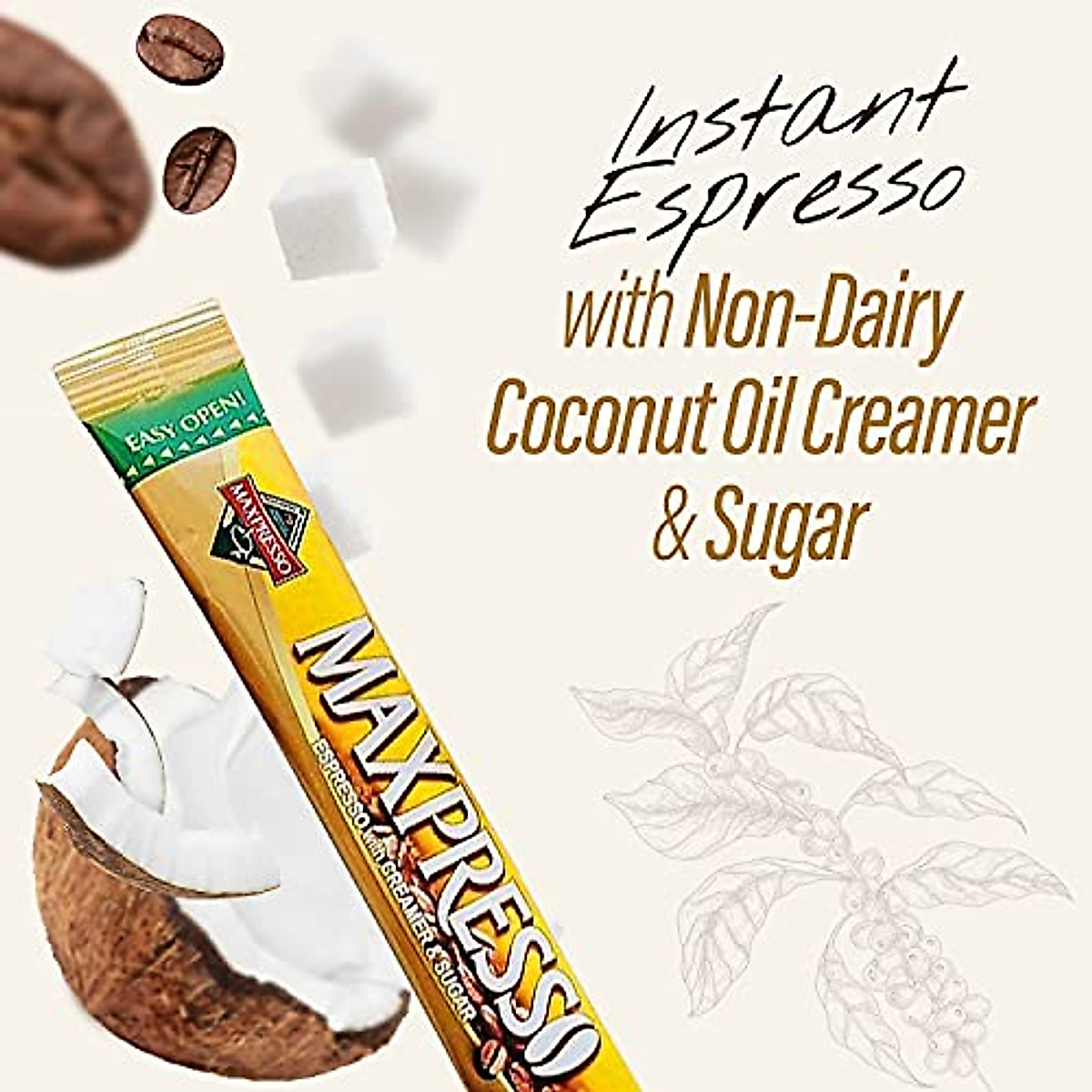 Maxpresso 3 in 1 Korean Instant Coffee Mix - Single Serve Sticks 100 Packets with Creamer and Sugar Premium Hot or Iced Coffee Blend Rich Flavor