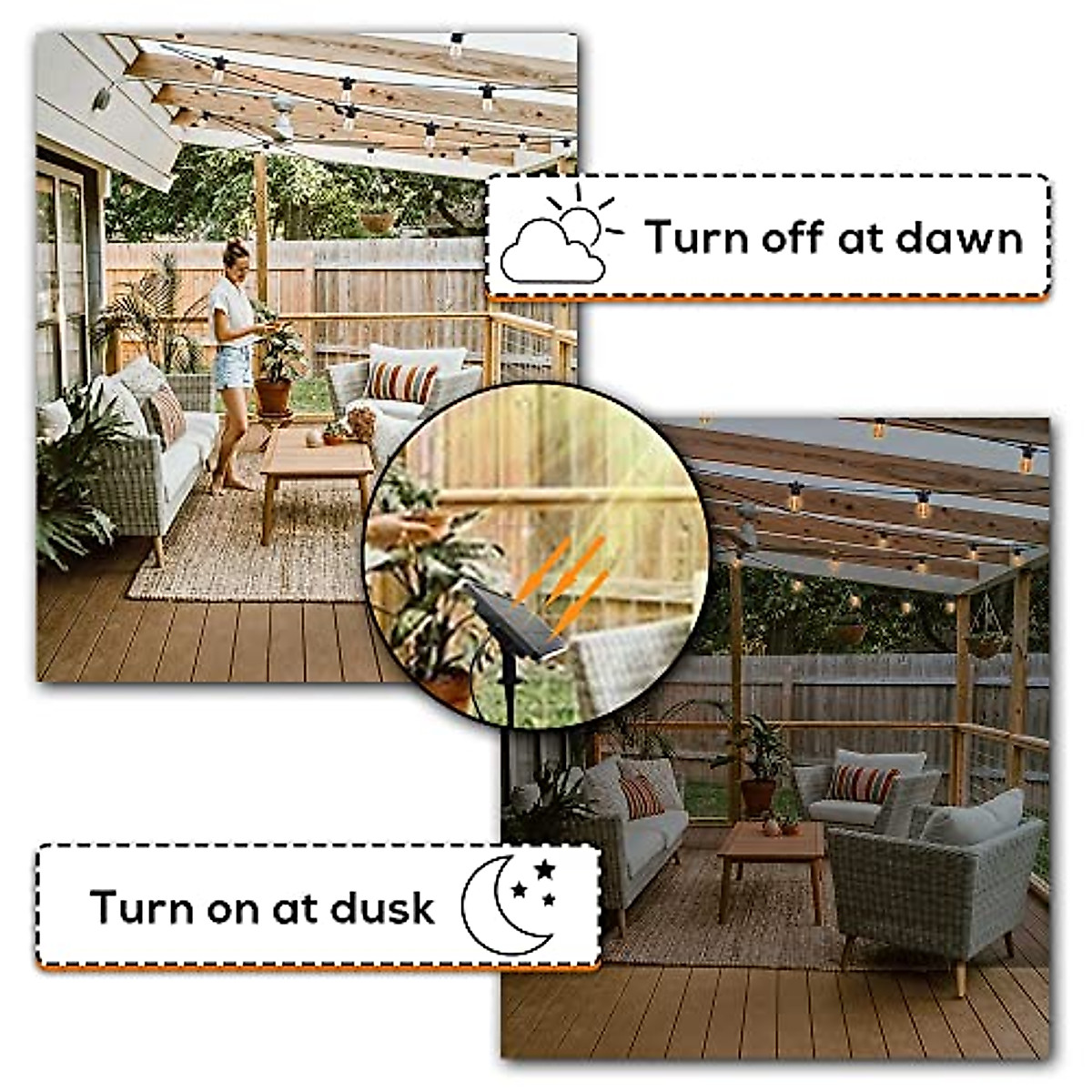 Banord 48ft Solar String Light Outdoor, USB Rechargeable Patio Solar Outdoor Lights with Waterproof & Shatterproof Solar Powered Bulbs Hanging Lights for Backyard, Porch, Garden, Cafe, Camping, Party