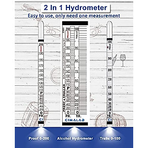 Cimalab Hydrometer Alcohol Meter, Hydrometer Alcohol 0-200 Proof and Tralle Hydrometer, Alcohol Proof Tester for Liquor/Moonshine/Proofing Distilled/Spirits/Distilled Alcohol Proof
