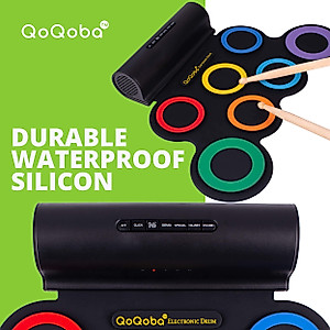 QoQoba Electronic Drum Set for Kids | Adult Beginner Pro MIDI Drum Practice Pad Kit w/Headphone Jack | Drum Sticks | Great Holiday Birthday Gift for Kids Drum Set (RAINBOW)