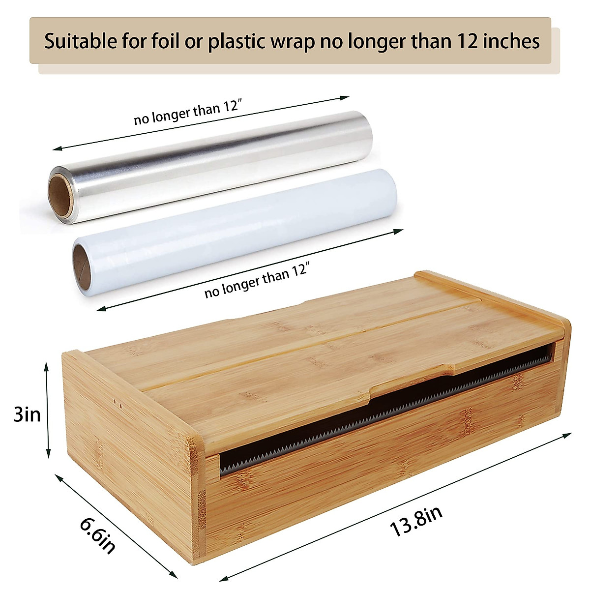 Calsign Plastic Wrap Dispenser with Cutter Bamboo 2 in 1 Aluminum Foil Organizer and Wax Paper Holder for Kitchen Drawer Compatible with 12" Roll Parchment Paper Cling Wrap Reusable Dual Organization